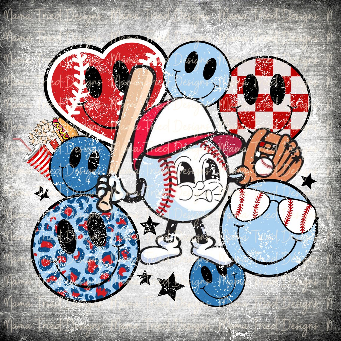 Distressed Retro Baseball Smileys PNG File - Etsy