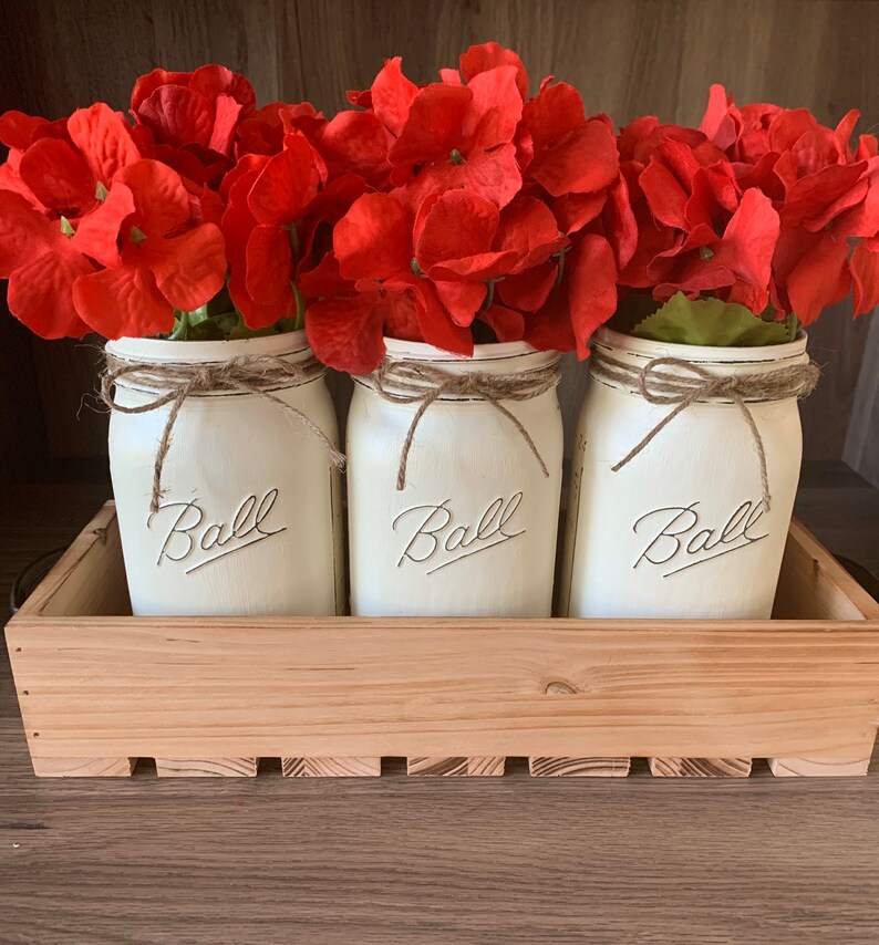 Farmhouse Country Rustic Wood Tray Mason Jar Floral Centerpiece ...