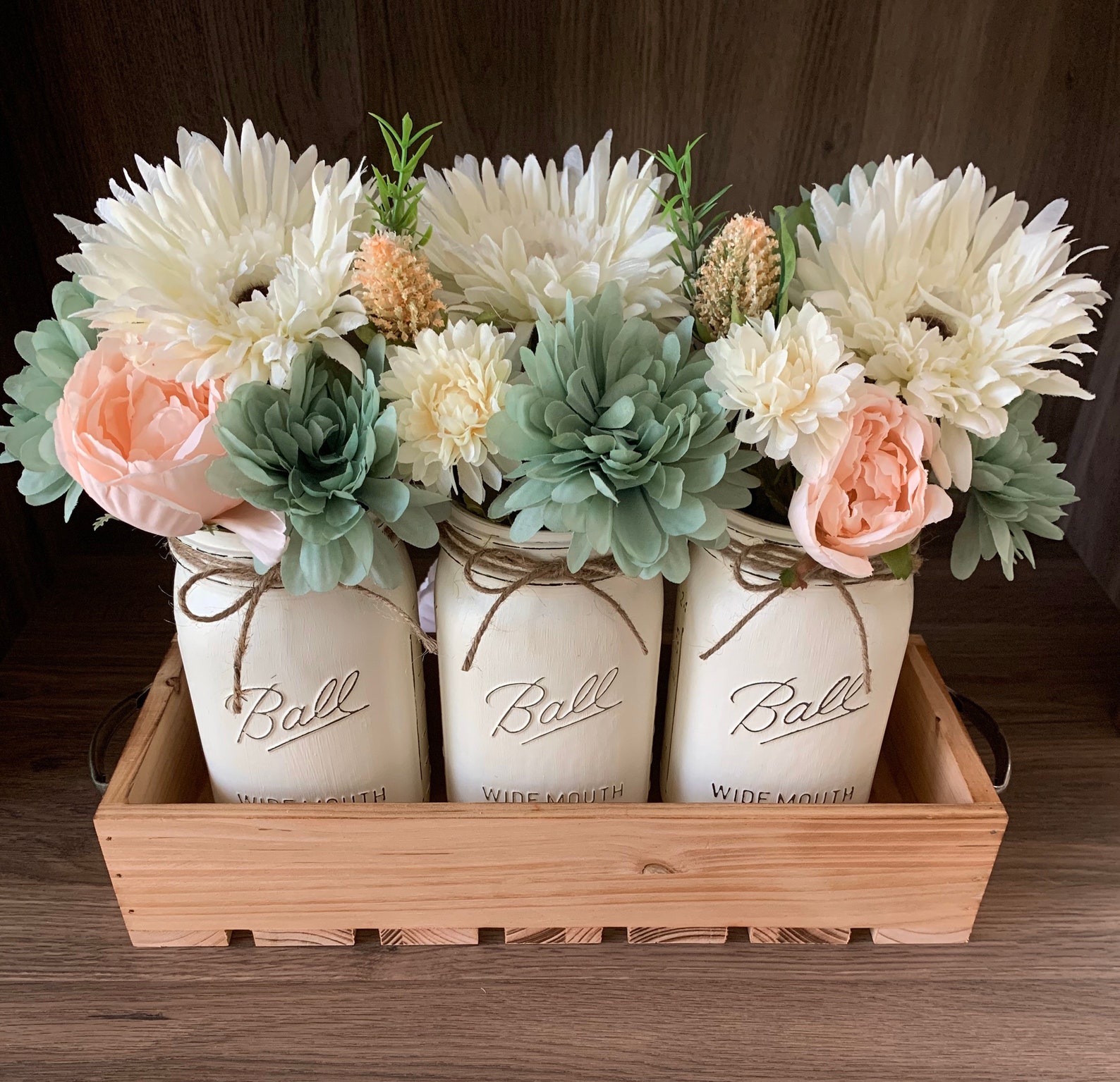 Farmhouse Country Rustic Wood Tray Mason Jar Floral Centerpiece ...