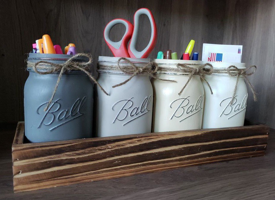 Farmhouse Rustic Mason Jar Wooden Tray Centerpiece, Home Decor, Desk ...