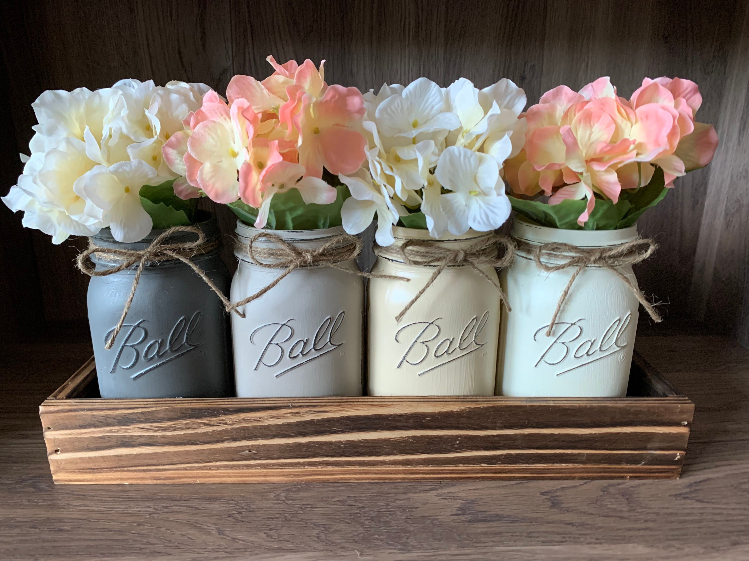 Farmhouse Rustic Mason Jar Wooden Tray Centerpiece, Home Decor, Desk ...