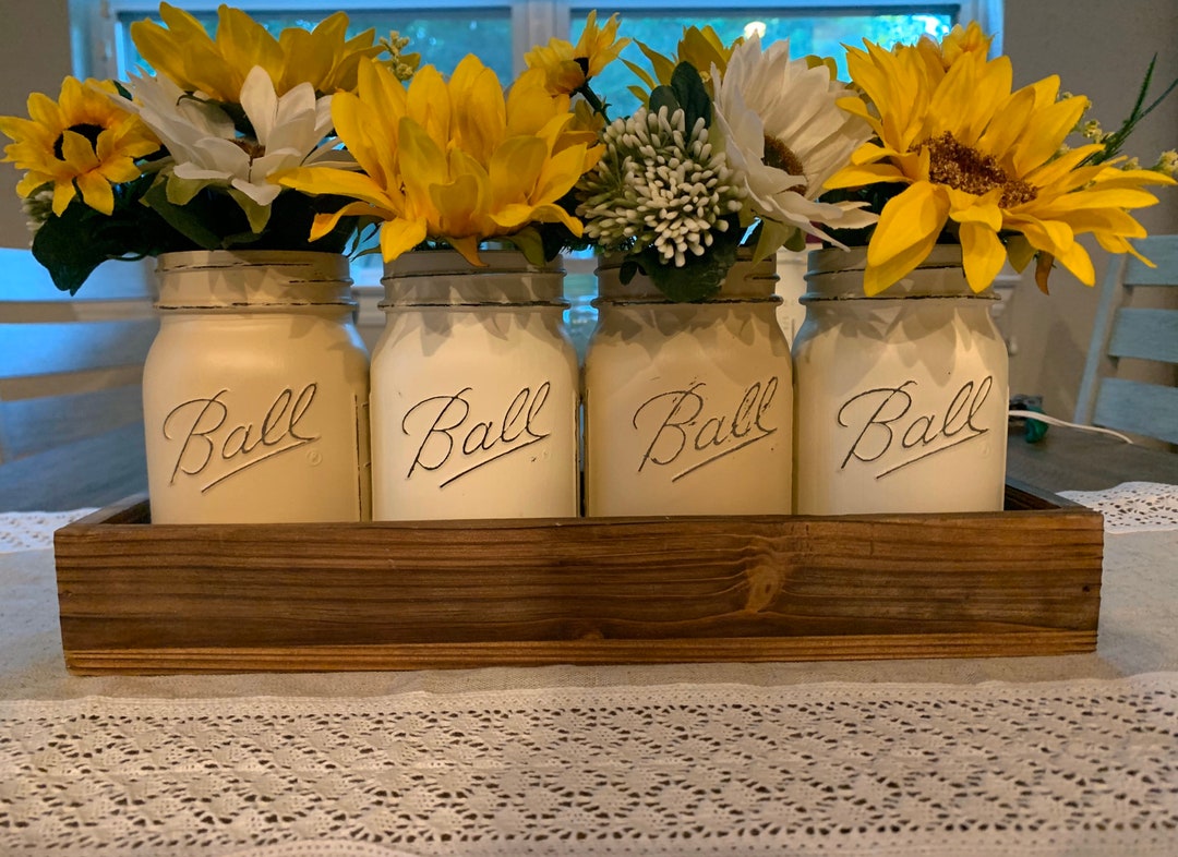 Farmhouse Country Rustic Mason Jar Sunflower Wooden Tray Centerpiece ...