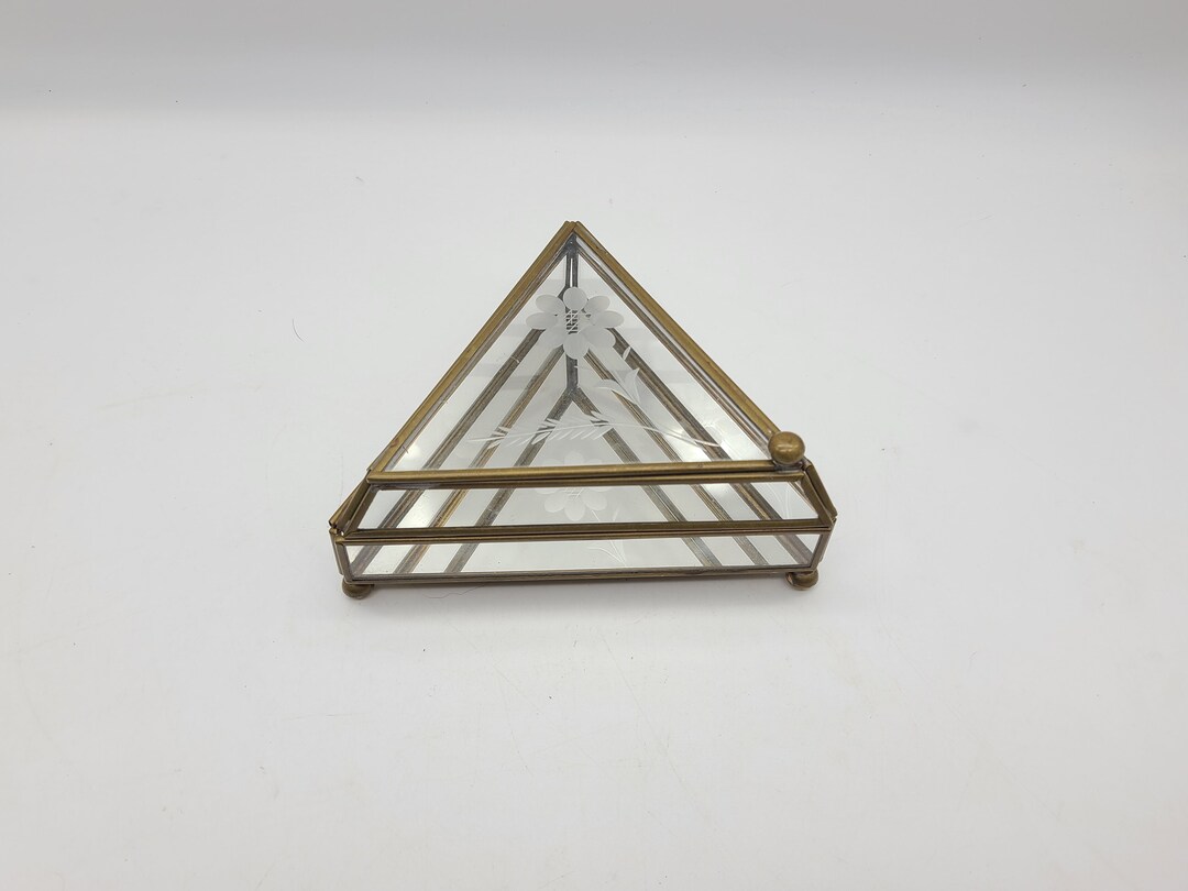 Vintage Brass and Glass Triangle Display Trinket Box Mirrored Bottom - Etsy