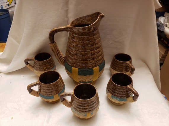 Very nice Italy Italian Pottery water pitcher and 5 cups mug | Etsy