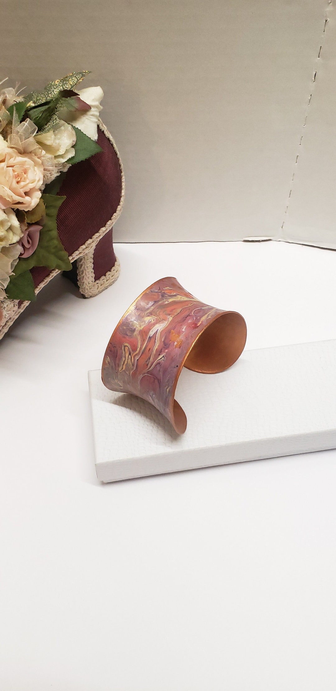 Hand Painted Purple Copper Swirl Thick Cuff Bracelet Acrylic Pour Paint ...