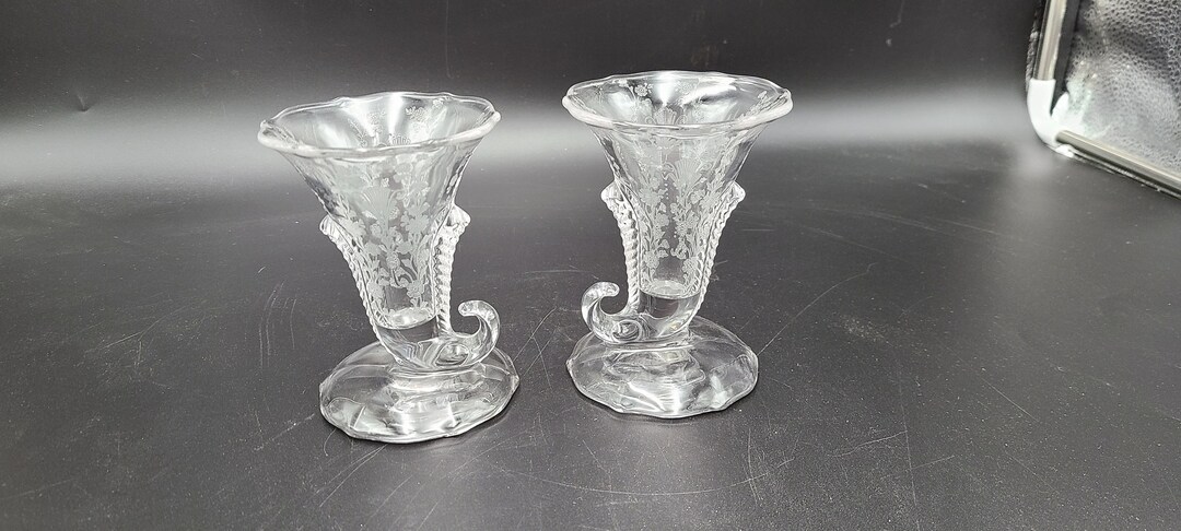 Duncan Miller Cornucopia Etched Glass Vase Set of 2 4 1/2" Tall Pair of ...