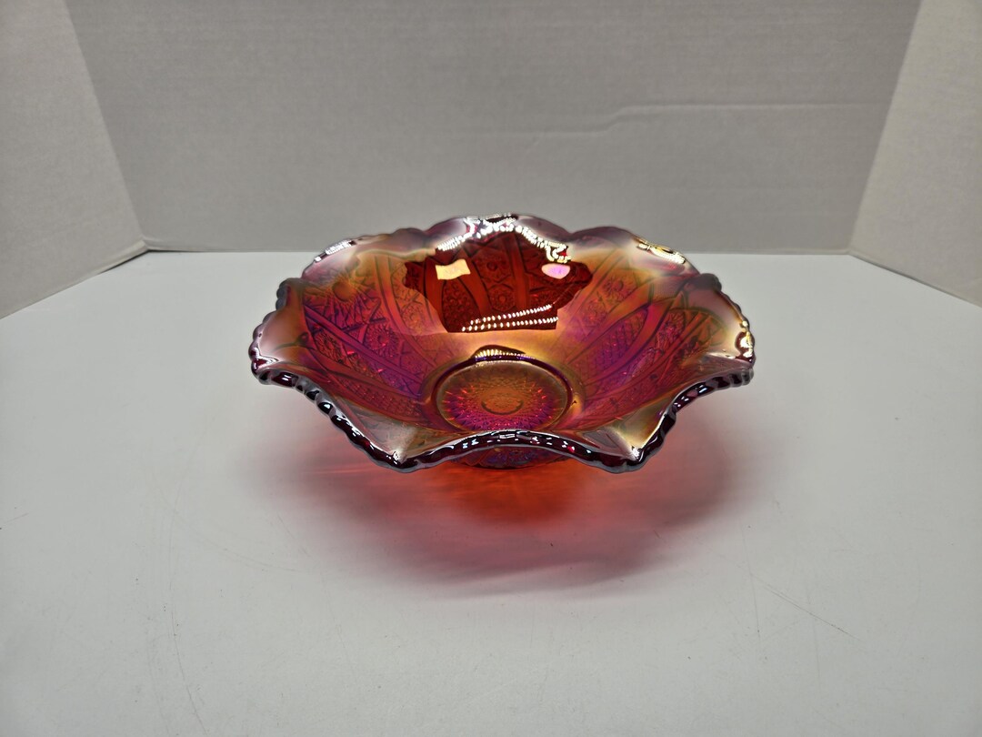 Indiana Glass Sunset Heirloom Carnival Glass Ruby Red Amberina Ruffled ...