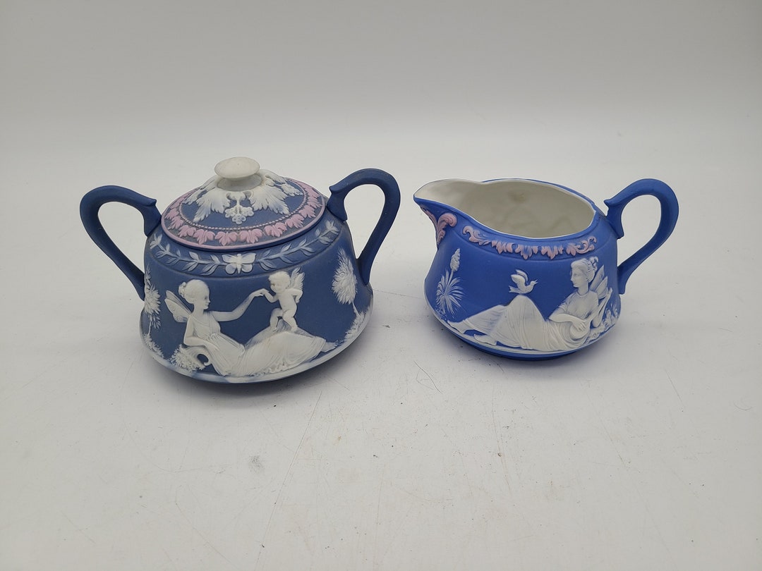 Jasperware Blue White and Pink Fairy Cherubs Creamer and Sugar - Etsy