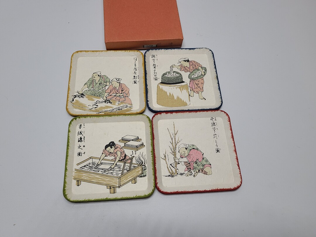 Set of 4 Vintage Japanese Paper Mache Coasters Unused in Box Nice 4 1/2 ...