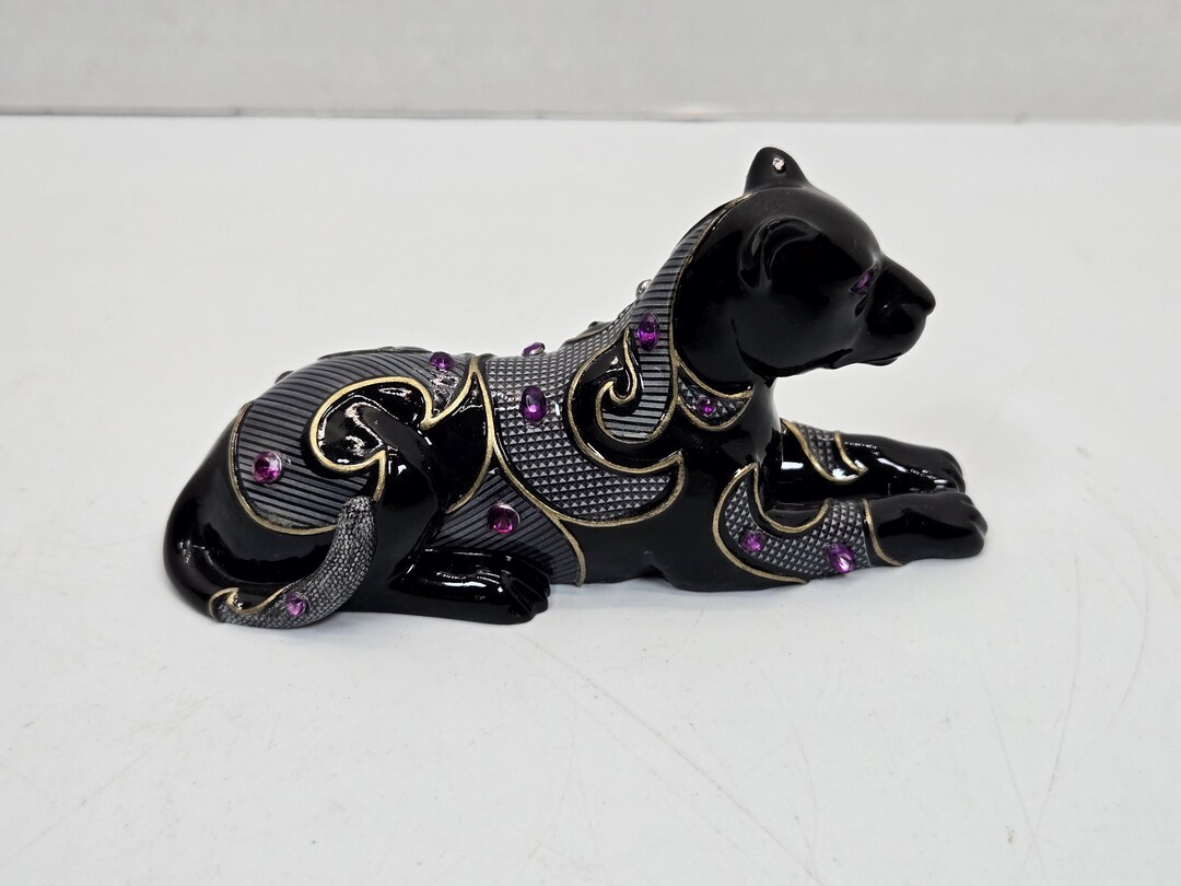 Hamilton Collection Black Cat Panther Laying Down W/ Purple Jewels 5 1/ ...