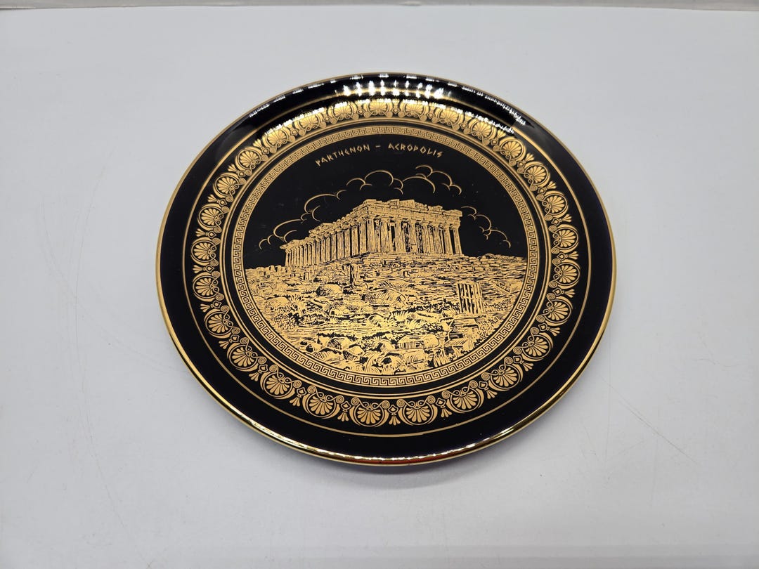 Vintage Greek Spyropoulos Black and Gold Parthenon Acropolis Plate 9 1/ ...