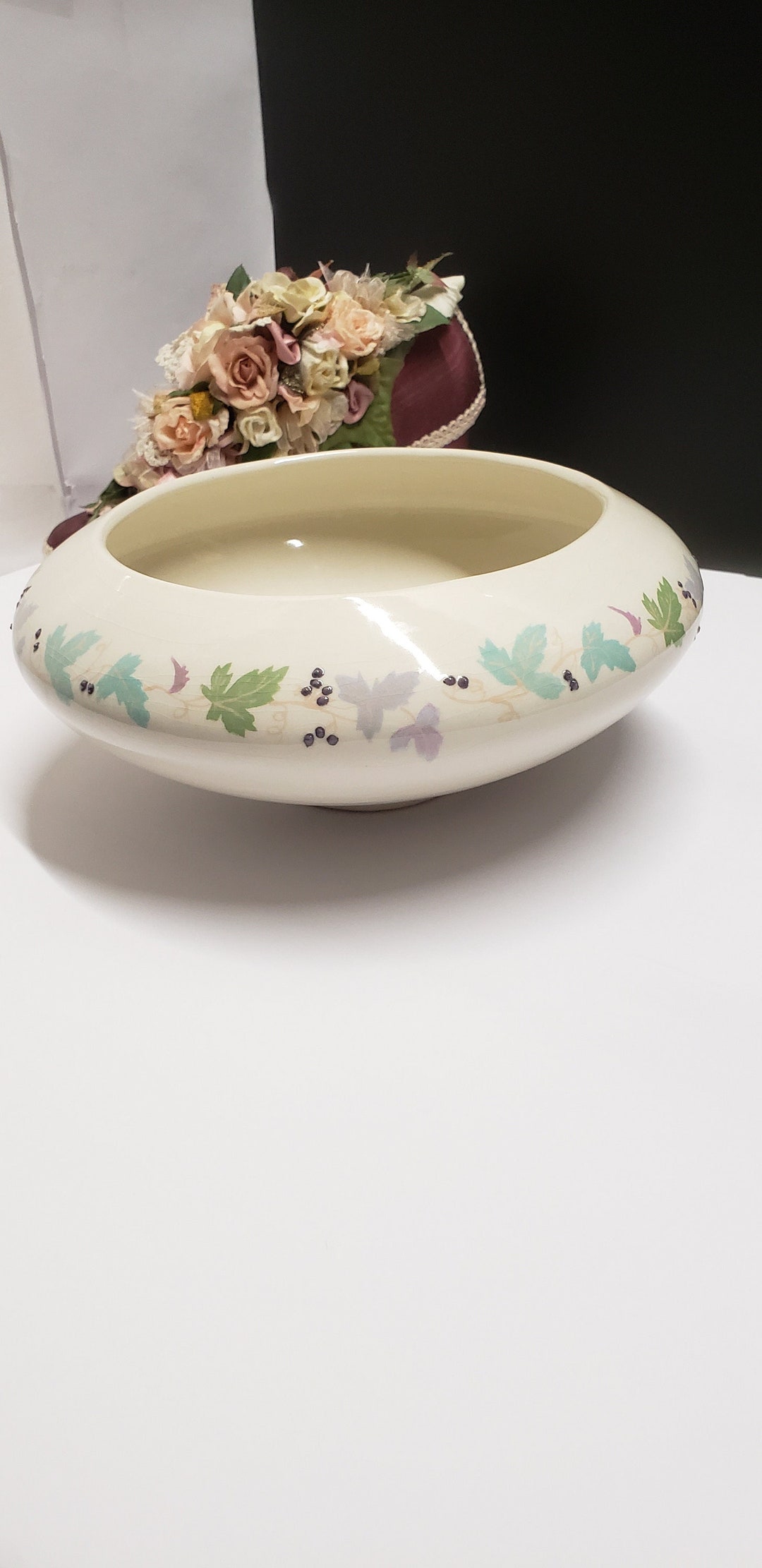 Vintage Handmade Purple, Blue & Green Leaf Pottery Bowl Signed by ...