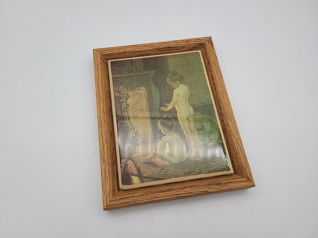 Vintage Kimberly Enterprises Oak Framed Tile Boy and Girl Standing in ...
