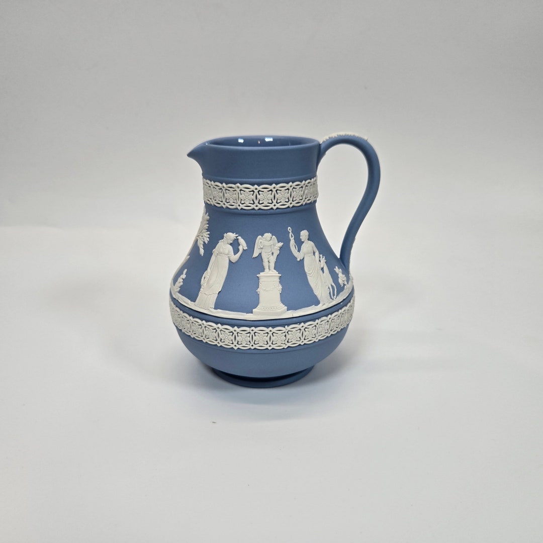 Antique Wedgwood Jasperware White on Blue Pitcher Cherubs Greek Scene 5 ...