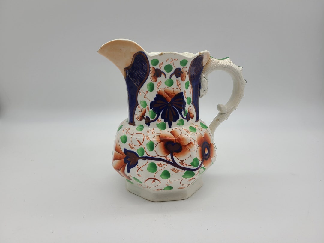Very Old Antique China Pitcher Flow Blue Floral Orange Green Pattern ...