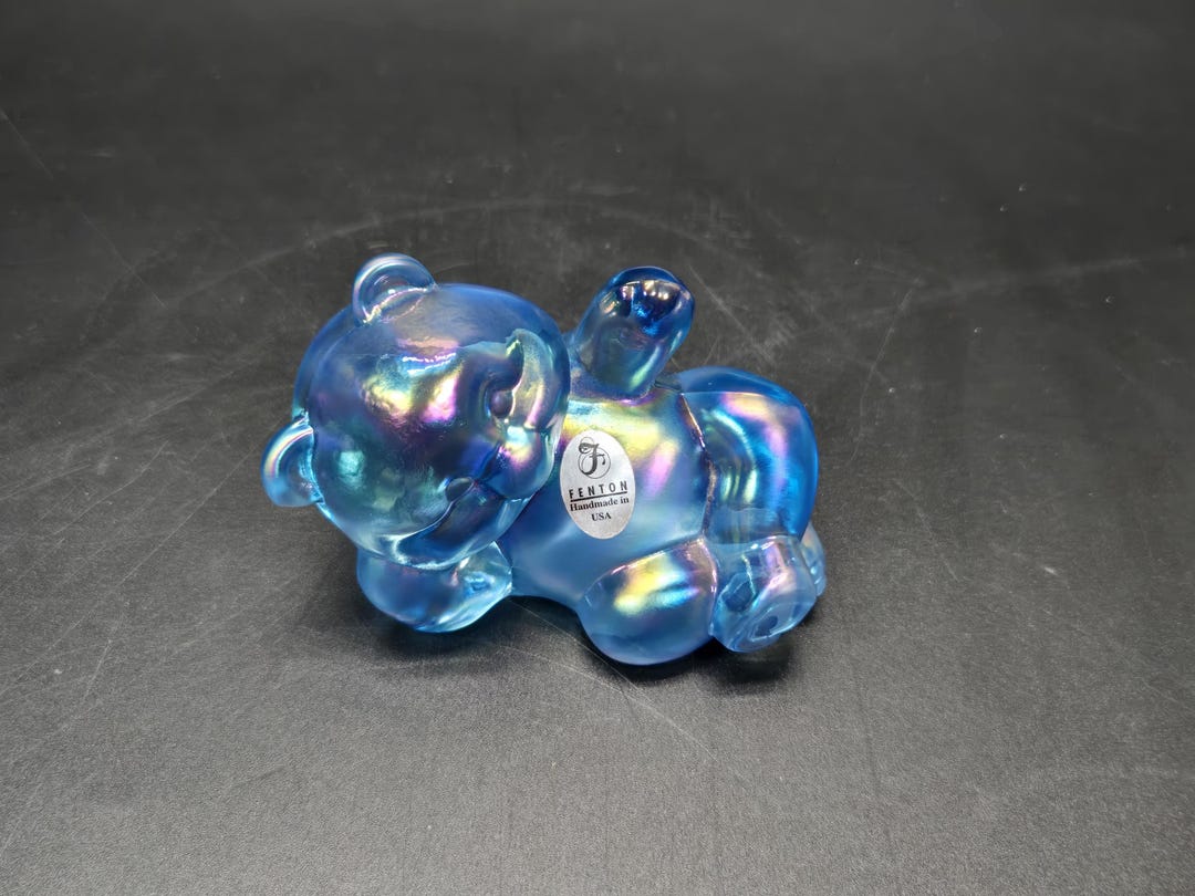 Fenton Art Glass Misty Blue Iridized Satin Reclining Bear Paperweight ...