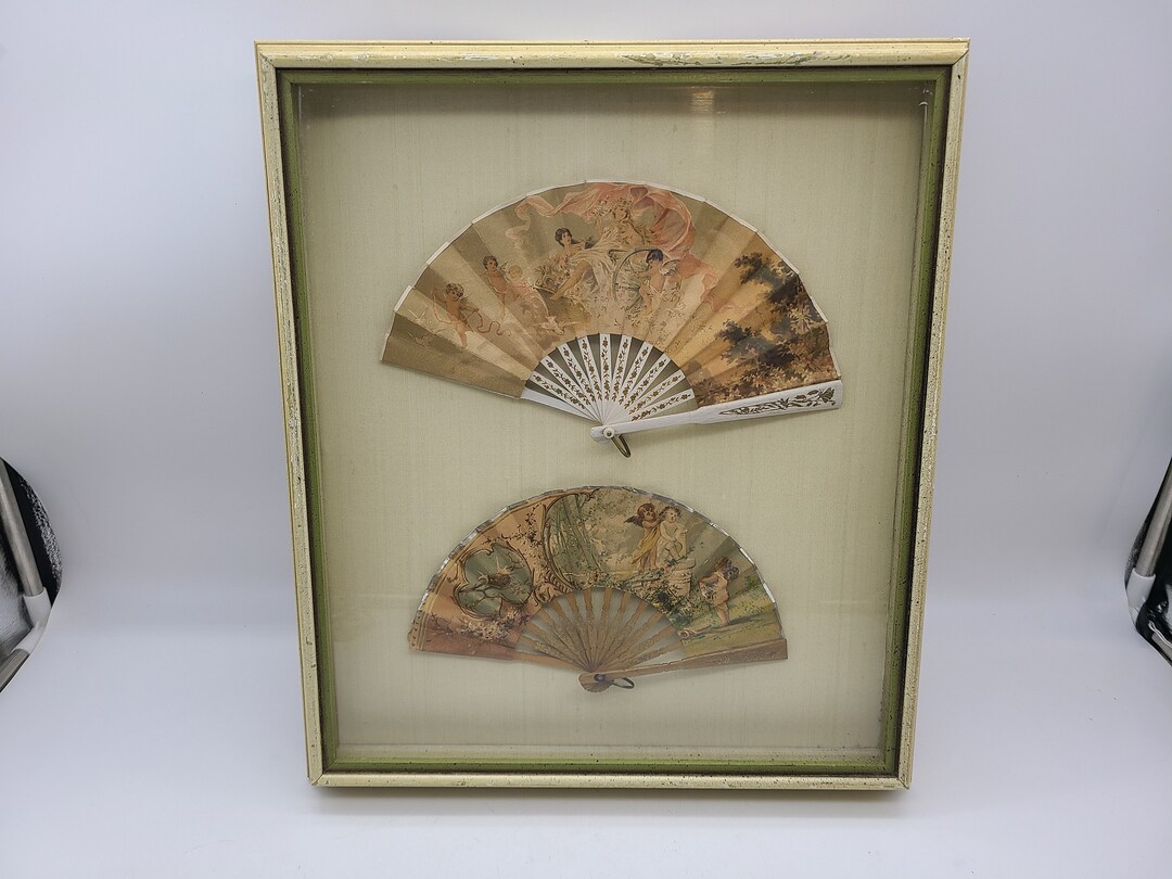 Antique Victorian Fancy Ornate 2 Hand Fans in Shadow Box Cherub and ...