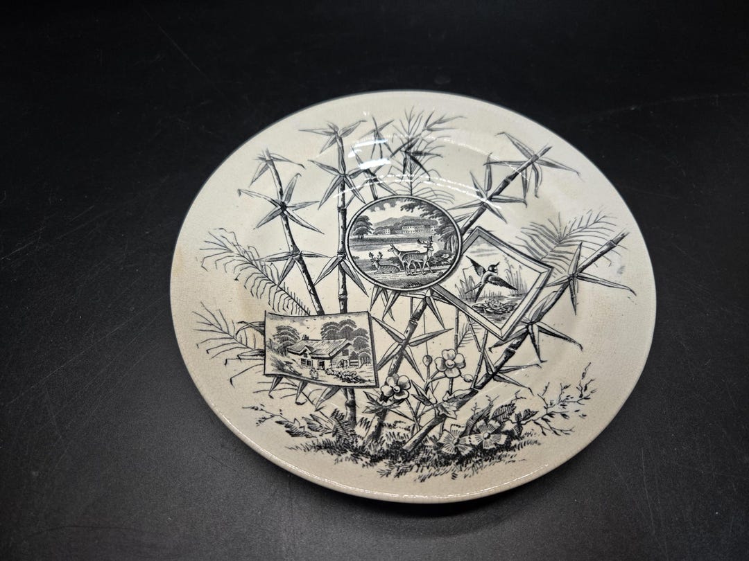 Antique J.H Davis Chatsworth Black Transferware Bowl Deer Stag and Bird ...