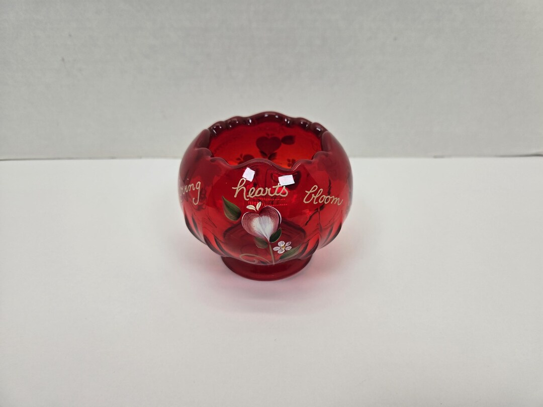 Fenton Art Glass Ruby Red Hand Painted Loving Hearts Bloom Bowl Hand ...