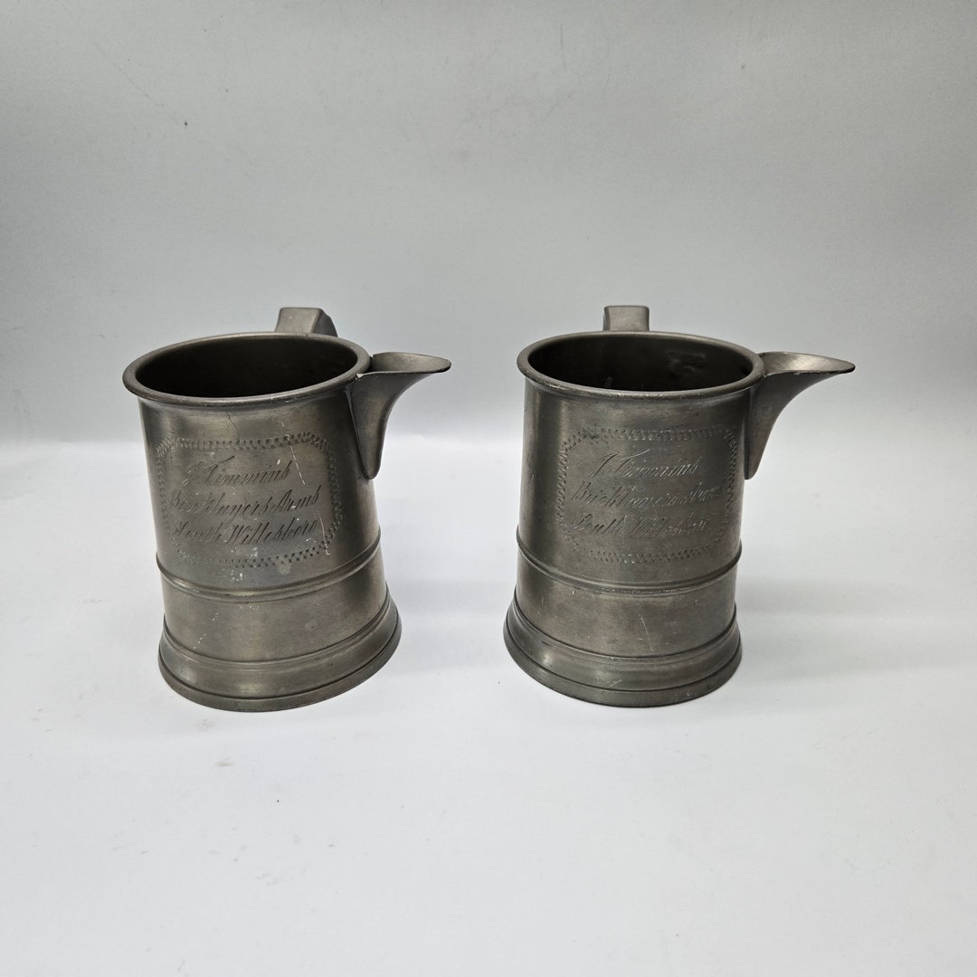Pair of John Warne Pewter Side Spout Quart Tavern Tankards Bricklayers ...