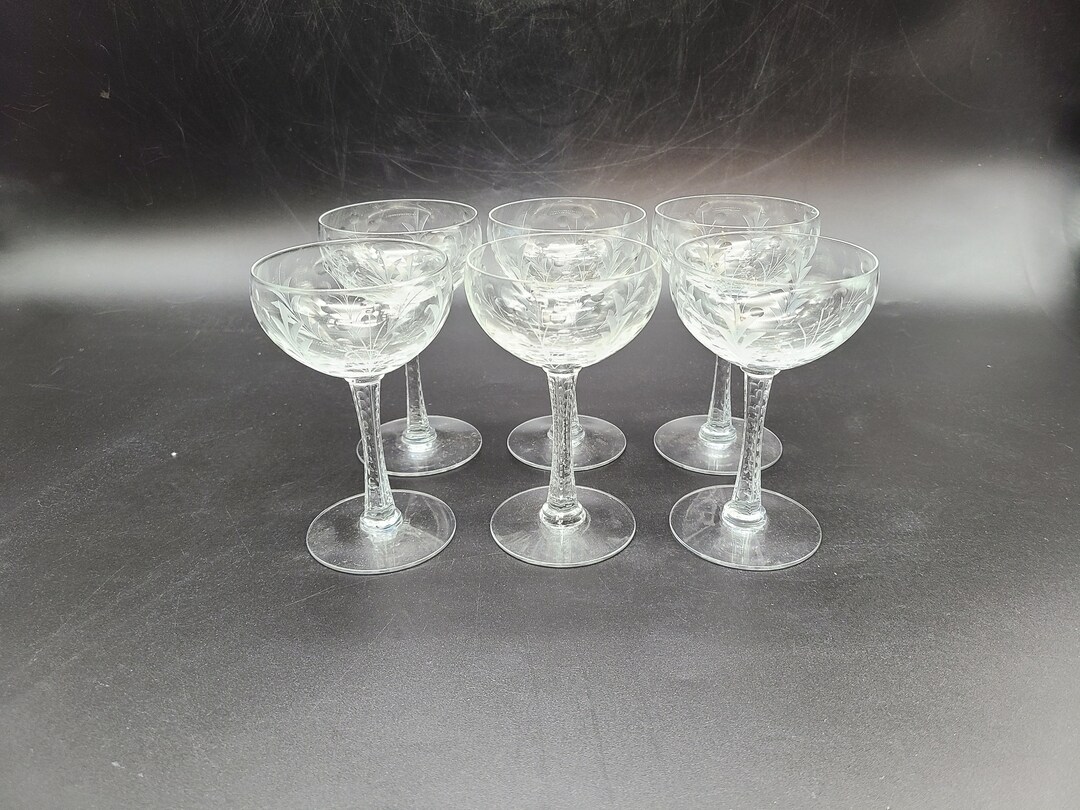 Set of 6 Libbey Rock Sharpe Etched Glass Crystal Goblets Liquor Glasses ...