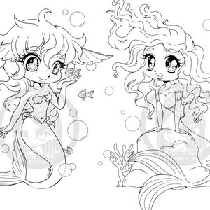 Whimsical Waves: Chibi Mermaids - Digital Coloring Pack by Yampuff - 5 ...