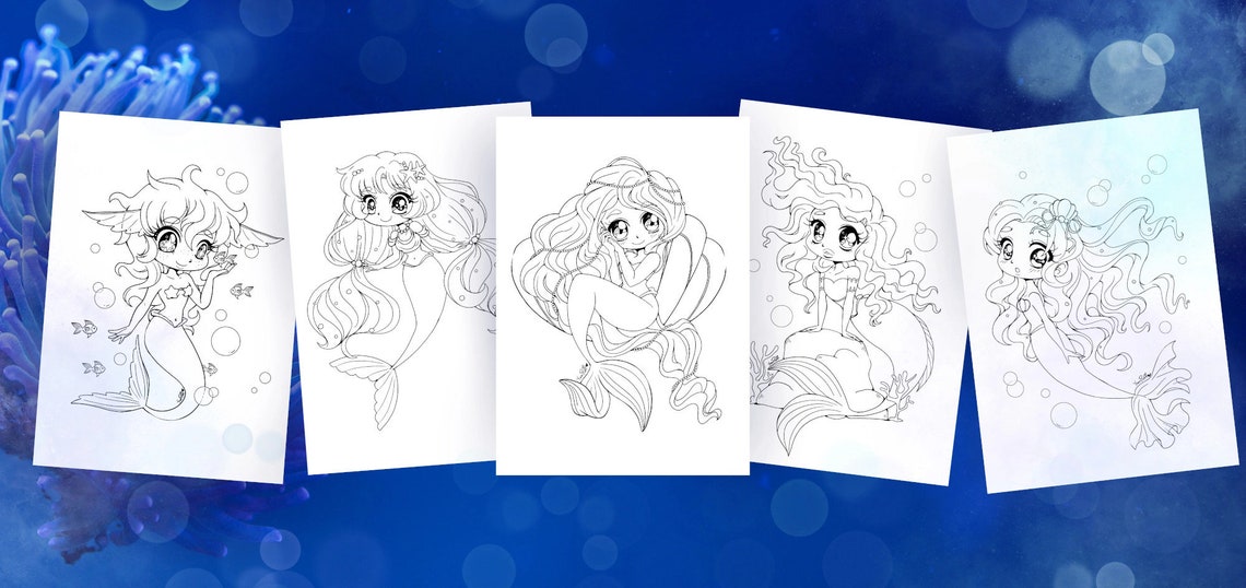 Whimsical Waves: Chibi Mermaids - Digital Coloring Pack by Yampuff - 5 ...