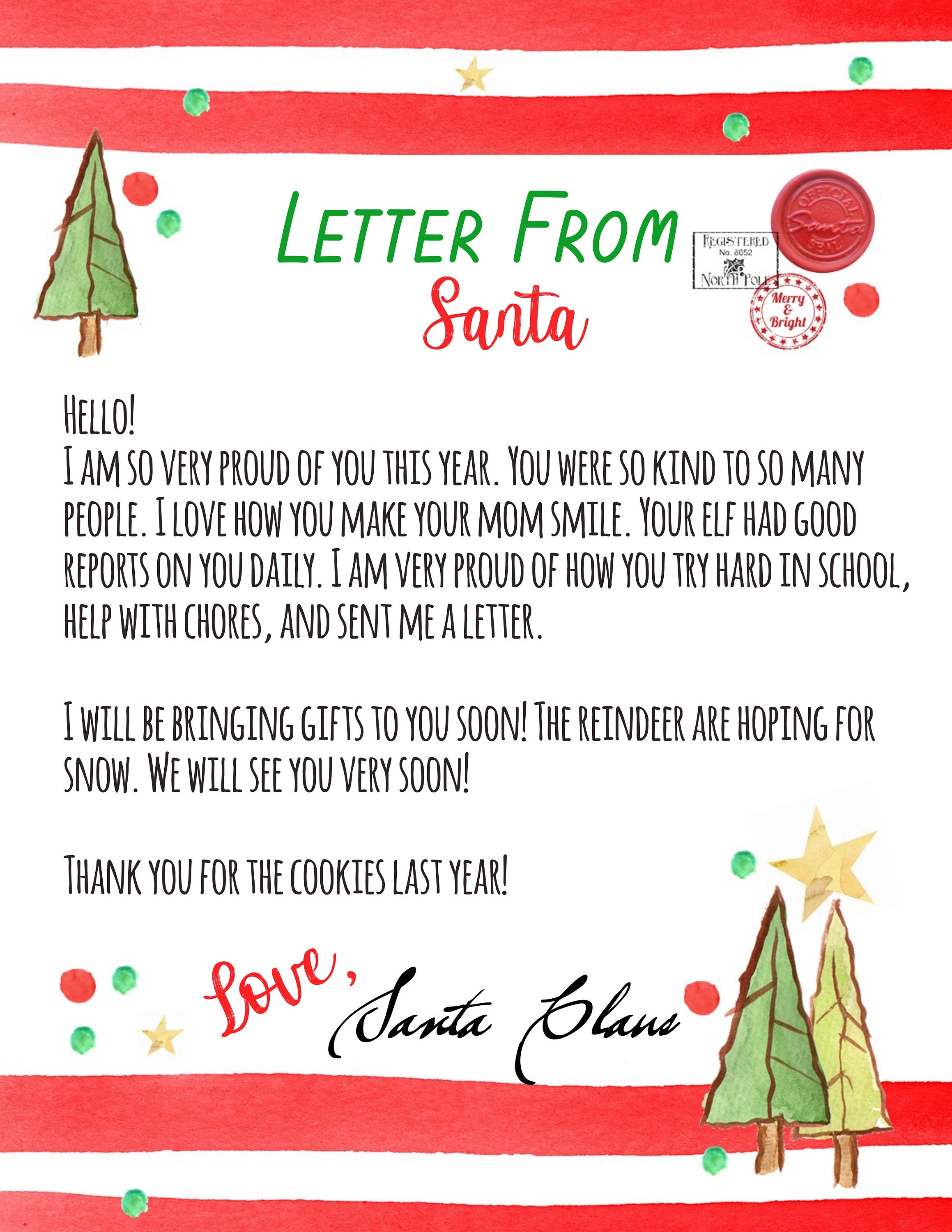 Edit & Print Easy Christmas Letter From Santa PERSONALIZE - Etsy