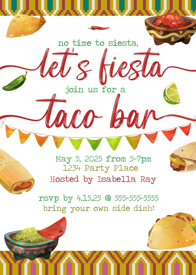 Editable Text Custom Taco Bar Invitation Taco Tuesday Party - Etsy