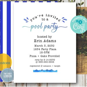 Editable Text ANY Pool Party Event I Minimalist Custom Invitation ...