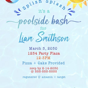 Editable Text ANY Pool Party Event I Watercolor Custom Invitation ...