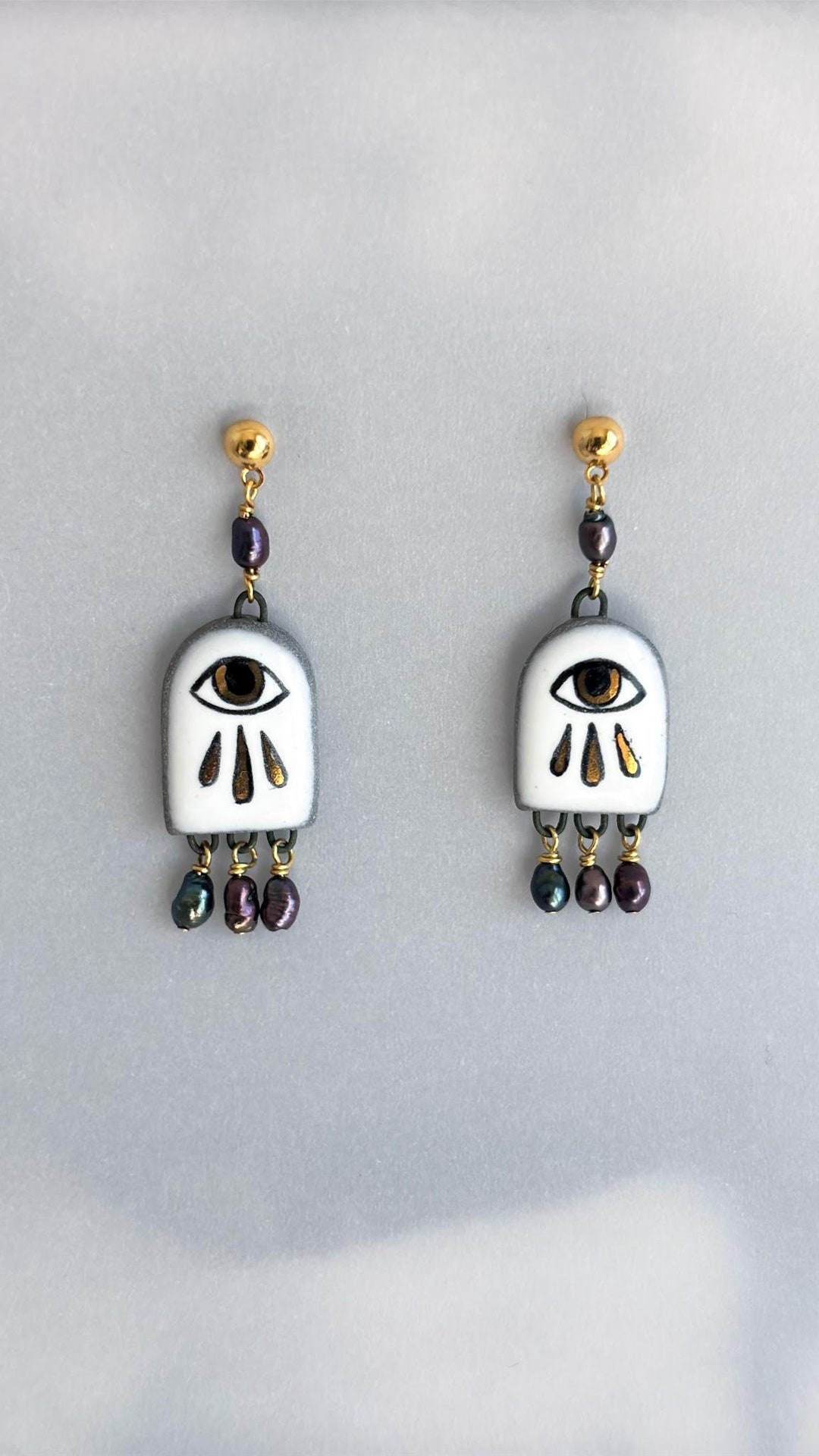 Gold Crying Eye Pearl Drop Earrings: Hand Painted Ceramic Jewelry. Evil ...
