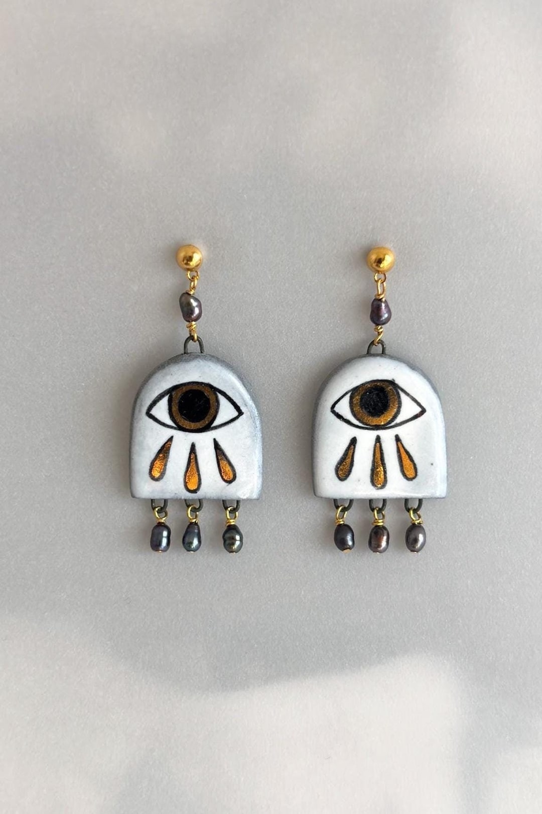 Gold Crying Eye Pearl Drop Earrings: Hand Painted Ceramic Jewelry. Evil ...