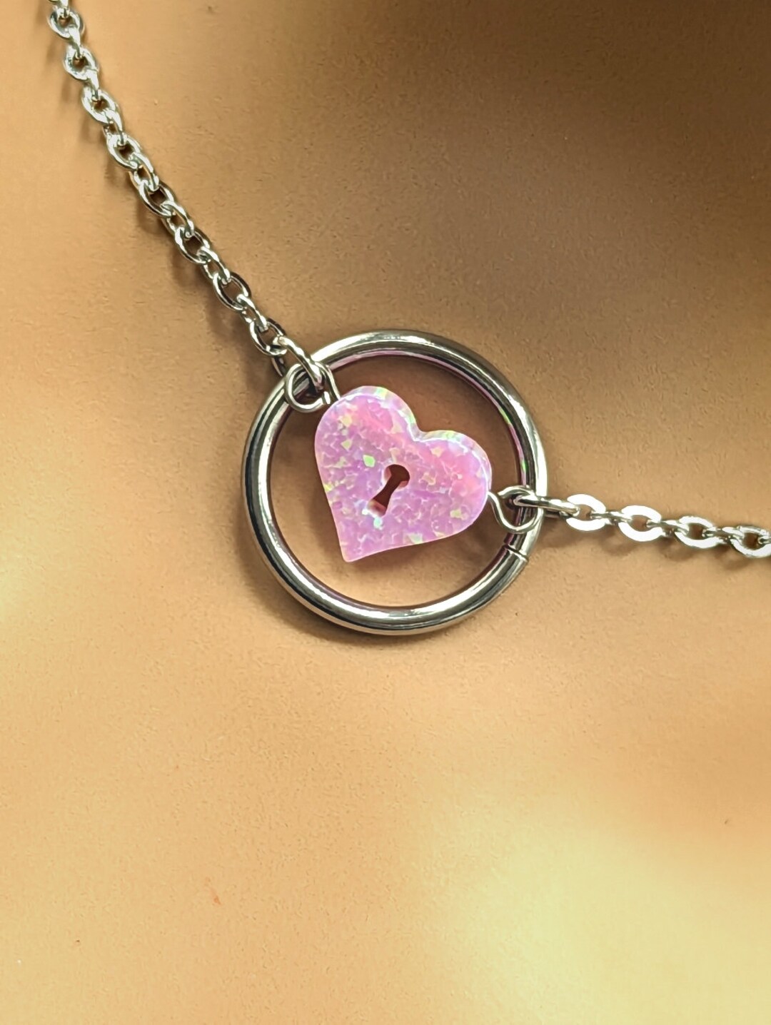 Day Collar * O Ring W/ Pink Opal Heart Lock * Locking Options * 24/7 ...