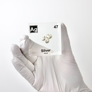 SILVER Element Cube Periodic Table Display 99.9% Pure Metal Sample Gift ...