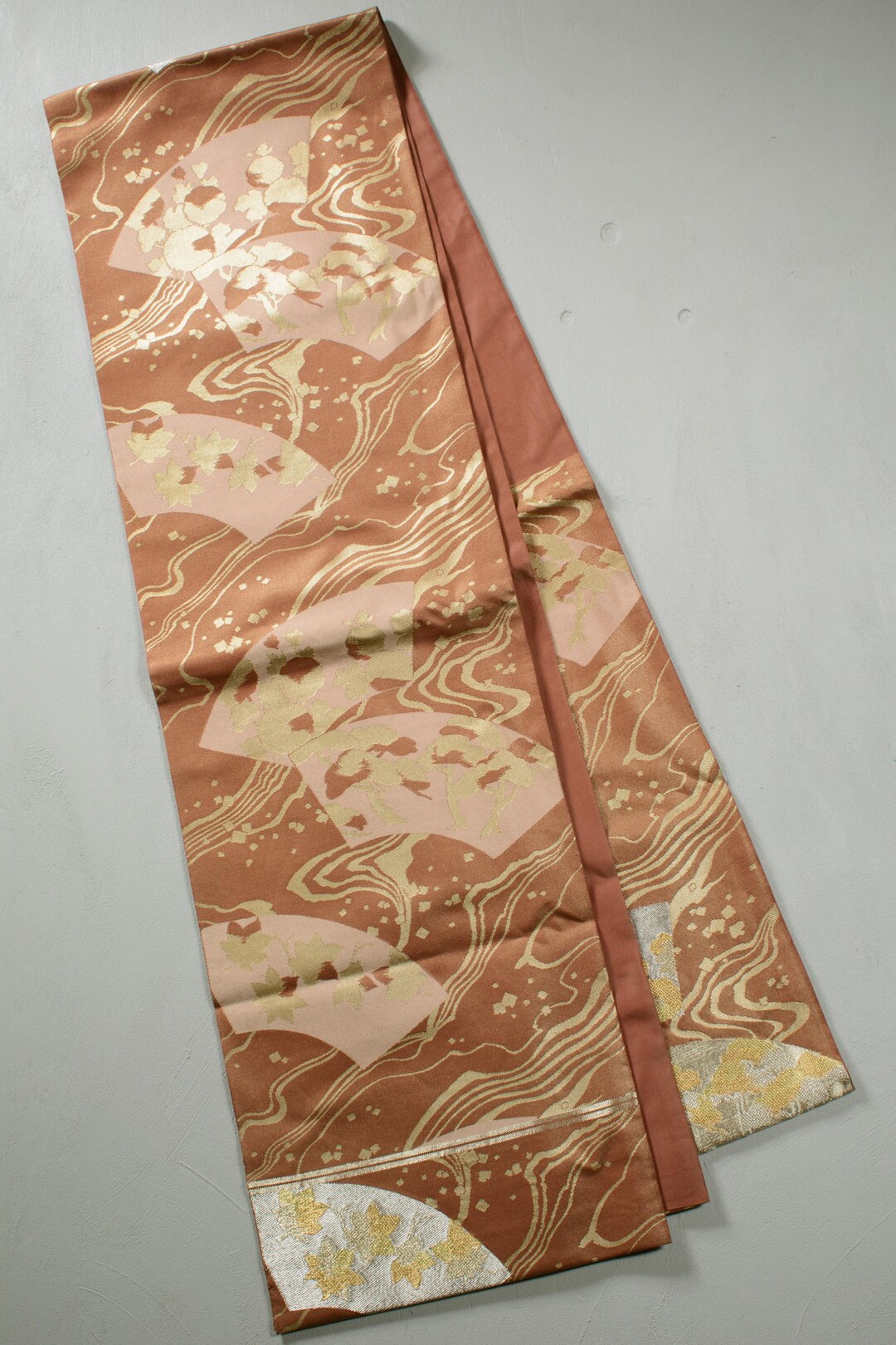 Japanese Textile Vintage Kimono Fabric Silk FUKURO OBI Terracotta Woven ...