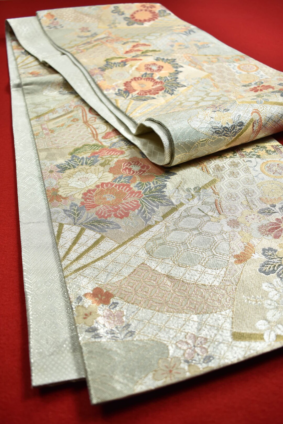 Japanese Textile Vintage Kimono Fabric Silk FUKURO OBI Silver Woven ...