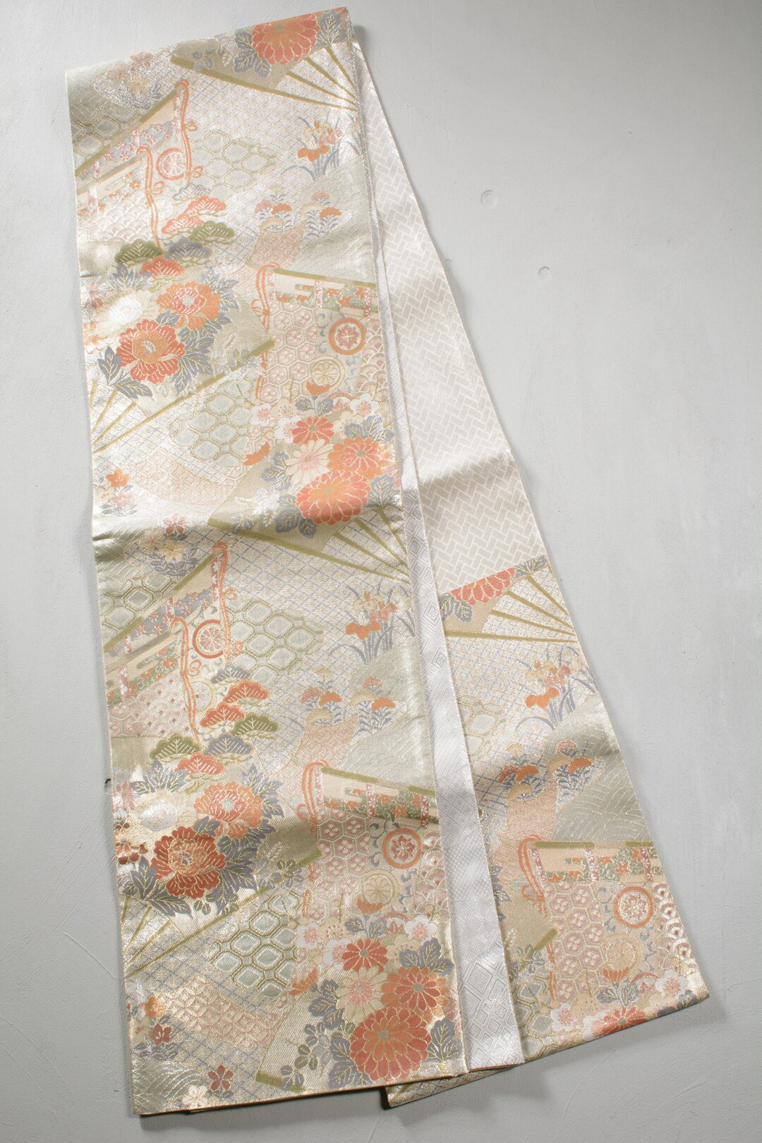 Japanese Textile Vintage Kimono Fabric Silk FUKURO OBI Silver Woven ...