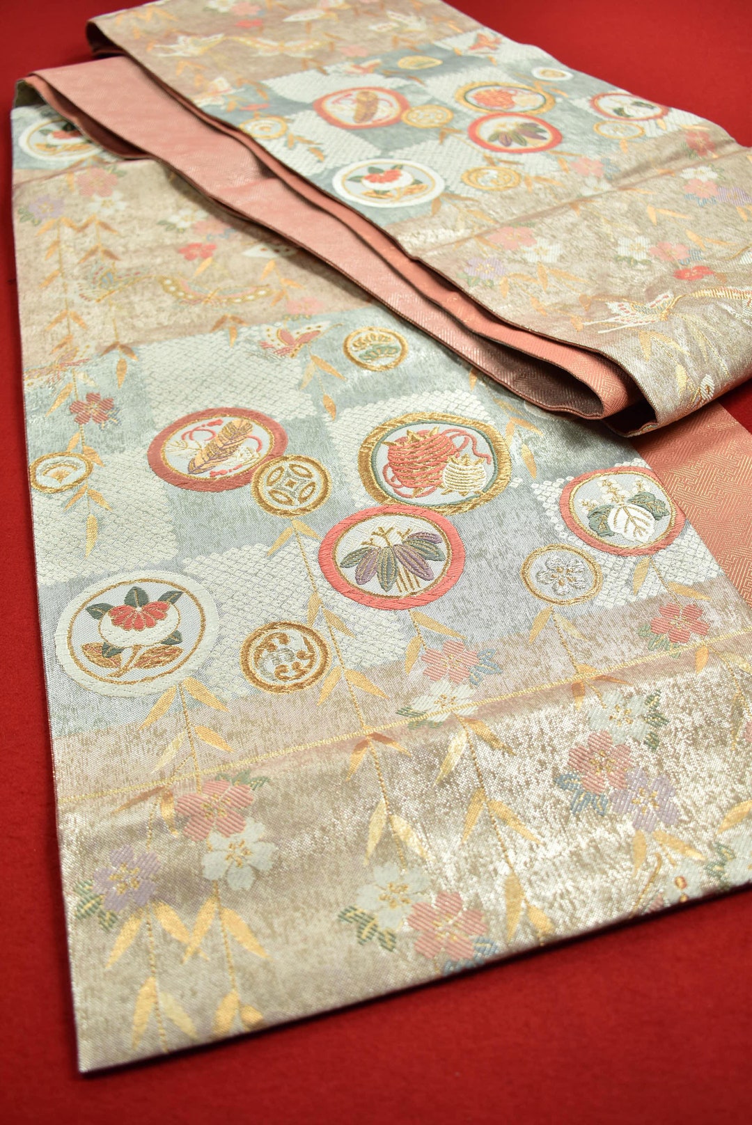 Japanese Textile Vintage Kimono Fabric Silk FUKURO OBI Silver Woven ...