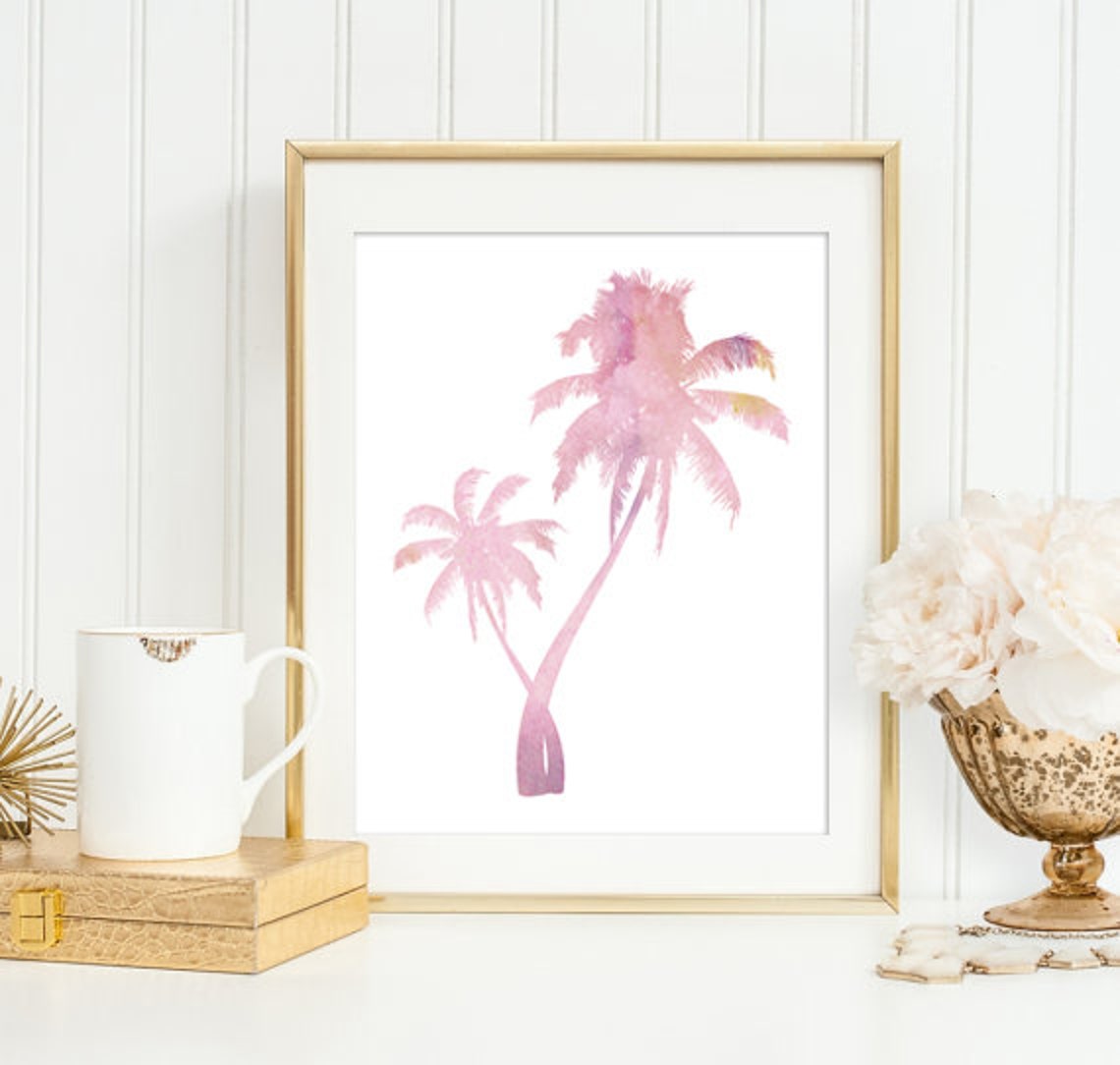 Pink Palm Trees Art Print,girly Pink Watercolor Palm Trees Art Print ...