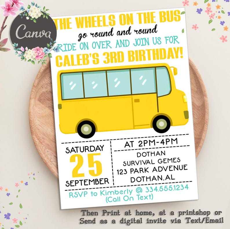 Editable Wheels on the Bus Birthday Invitation, Bus Party Invite ...