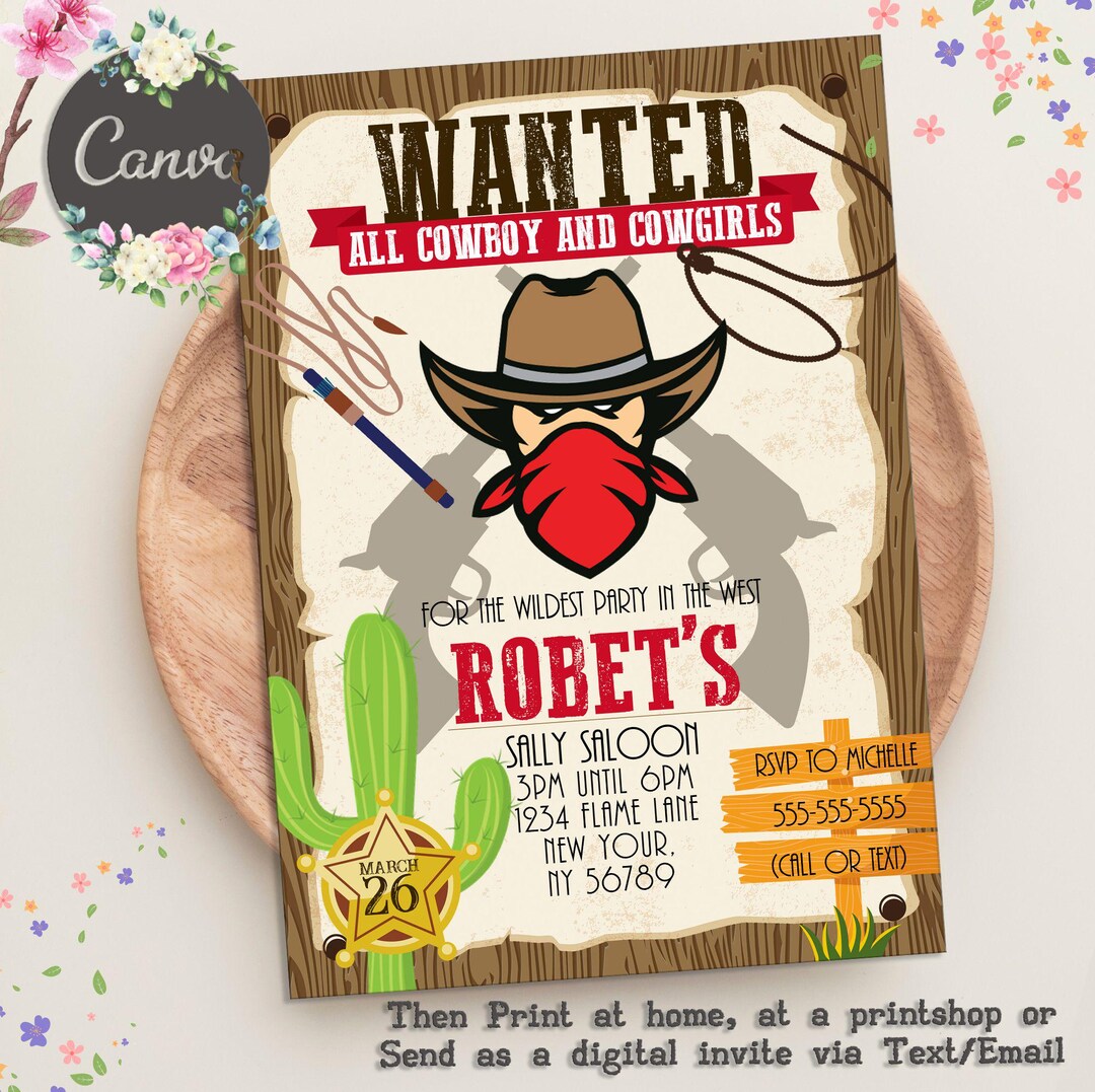 Editable Cowboy Invitation Template, Cowboy Birthday Party Invitation ...