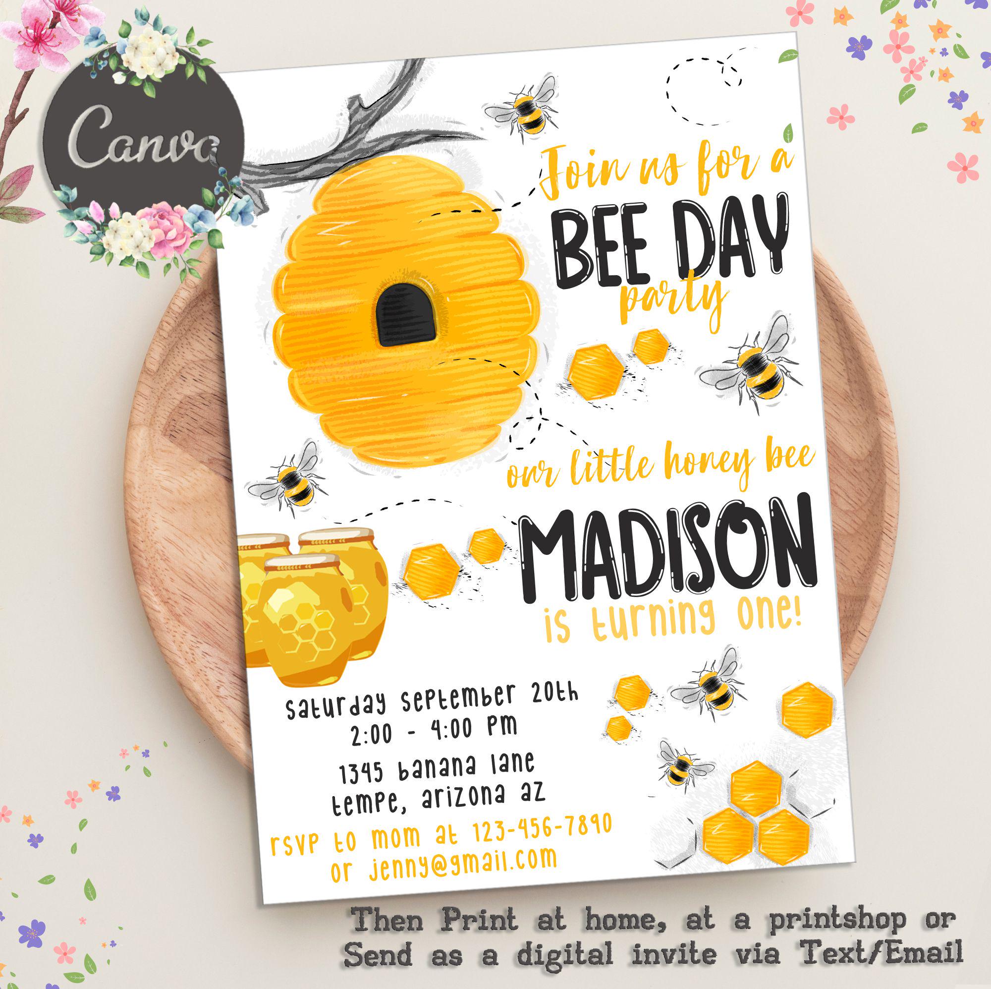 Bee First Birthday Invite, First Bee Day Invitation, Honey Bee 1st ...
