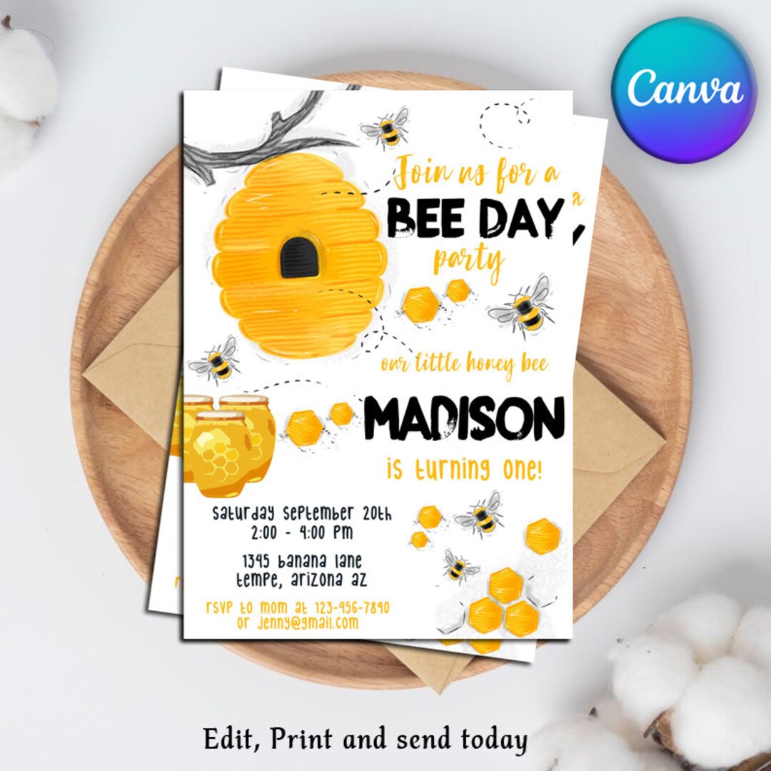Editable Invitation, Bee Invitation, Bee Day Invitation, Bee One ...
