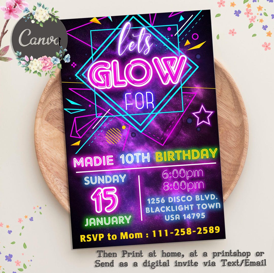 Glow Birthday Invitation, Glow Invitation, Editable Kids Glow Neon ...