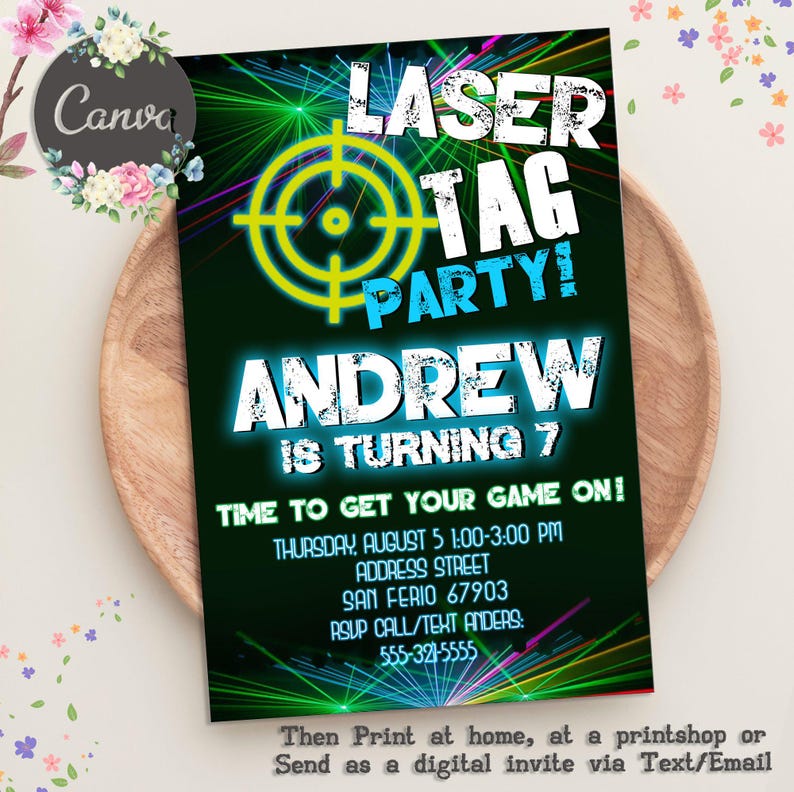 Laser Tag Birthday Invitation, Laser Tag Party Invite Template, Neon ...