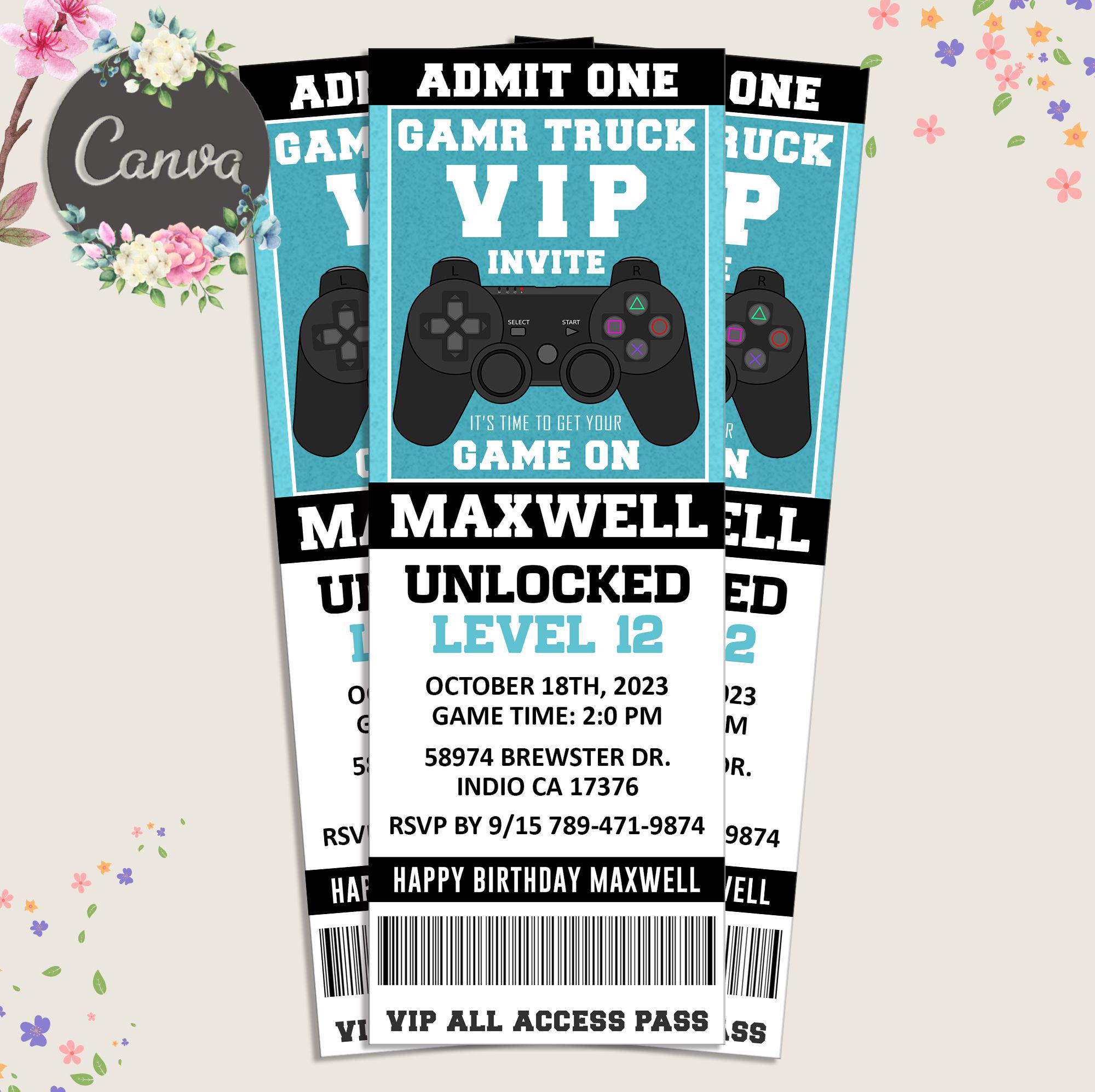 Video Game Truck Ticket Invitation, Gamer Birthday Party, Gaming Truck ...
