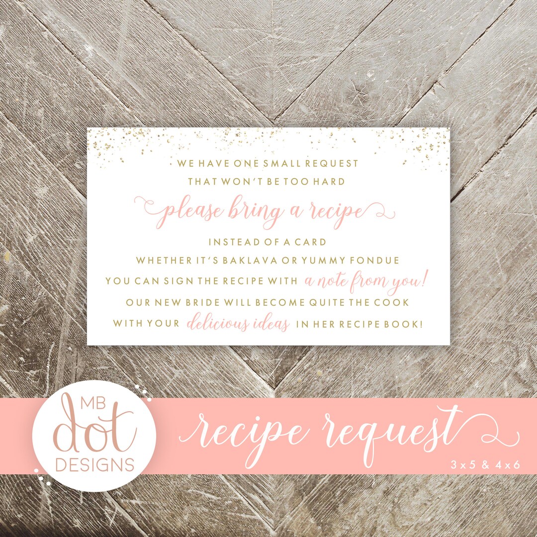 Recipe Request Card Gold, Blush Pink, Glitter Bridal Shower Instant ...