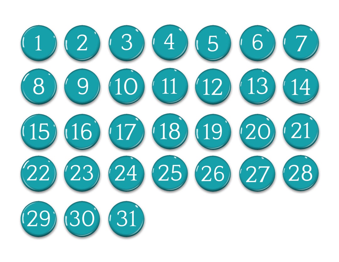Teal Aqua Perpetual Calendar-numbers 1-31- 1" Magnets-days of the Month ...