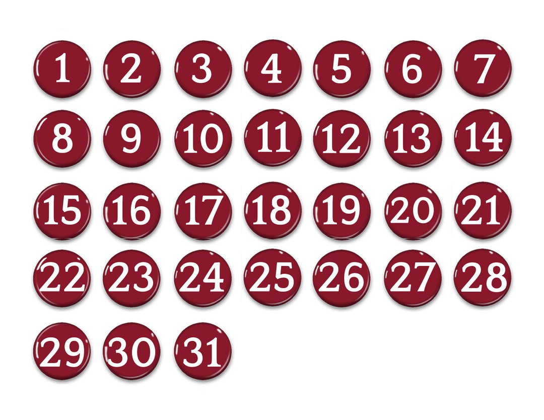 Burgundy Maroon Perpetual Calendar 1"-numbers 1-31-magnets-days of the ...